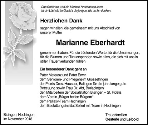Traueranzeigen Von Marianne Eberhardt Südwest Presse Trauer