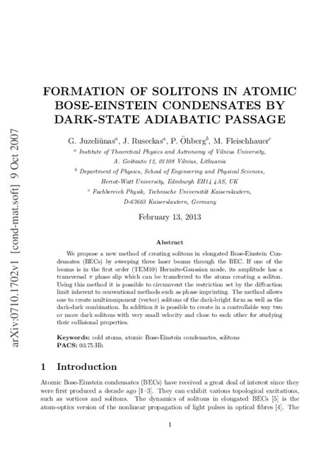 Pdf Formation Of Solitons In Atomic Bose Einstein Condensates By Dark