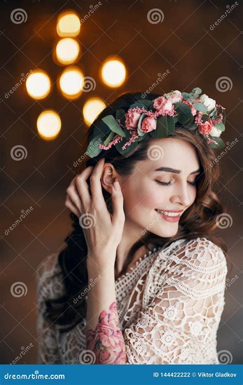 Sensual Beautiful Woman Portrait With Wreath Of Flowers In Her Hair