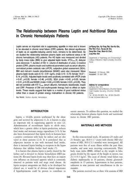 Pdf The Relationship Between Plasma Leptin And Nutritional Status In
