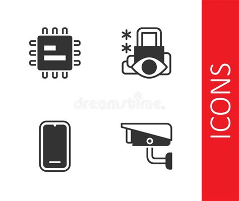 Set Security Camera Processor CPU Mobile Phone And Cyber Security Icon Vector Stock