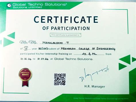 Completed A 1 Month Internship At Global Techno Solutions Mahalakshmi
