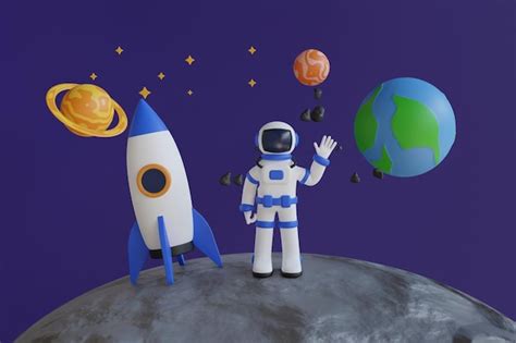 Ilustração 3d do astronauta na lua um foguete e planetas ao fundo