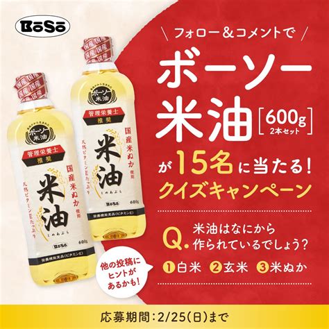 「ボーソー米油600g 2本セット」が当たるクイズキャンペーンを開催 グルメプレス