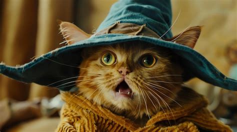 Closeup Of A Ginger Cat Wearing A Blue Wizard Hat And A Brown Robe