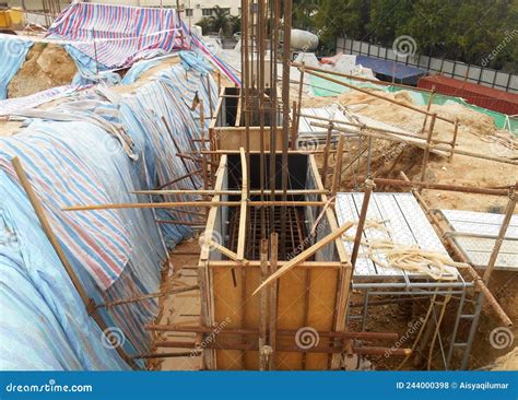 The Concrete Pile Cap And Column Stump Are Under Construction At The