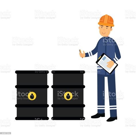 석유 생산과 운송 벡터 일러스트 레이 션의 프로세스를 제어 파란색 유니폼에서 Oilman 문자 검은색에 대한 스톡 벡터 아트 및
