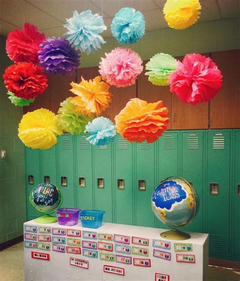Colorful Classroomcreates A Wall With Bookshelves And Hanging Decorations Hanging Decor
