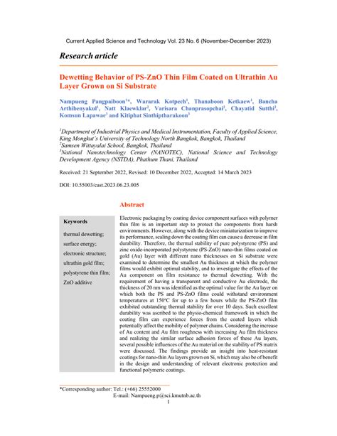 Pdf Dewetting Behavior Of Ps Zno Thin Film Coated On Ultrathin Au Layer Grown On Si Substrate