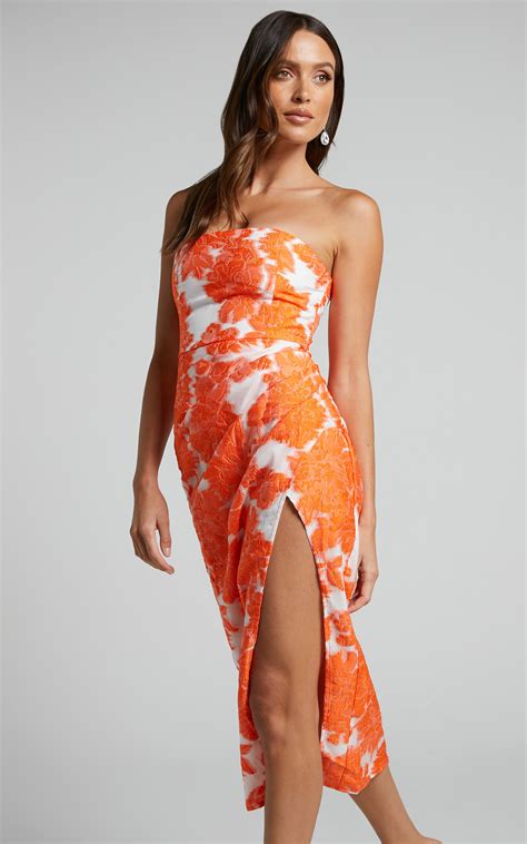Brailey Midi Dress Thigh Split Strapless Dress In Orange And White