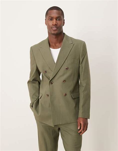 Asos Design Linen Blend Double Breasted Slim Suit Jacket In Green Asos