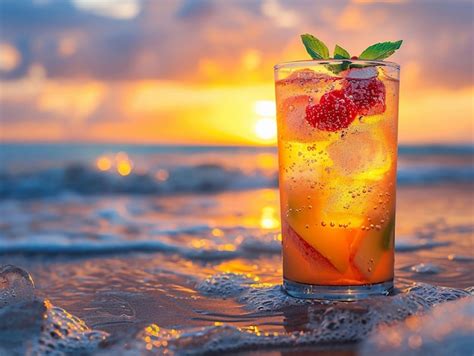 Refreshing Summer Cocktail On A Beach At Sunset Premium Ai Generated