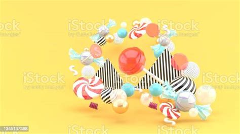 오렌지 배경에 화려한 공 중 사탕3d 렌더링 N 달콤한 음식에 대한 스톡 사진 및 기타 이미지 달콤한 음식 롤리팝 빨강