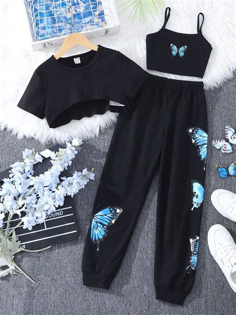 Girls Butterfly Print Cami Top And Tee And Sweatpants Set Cute Dress
