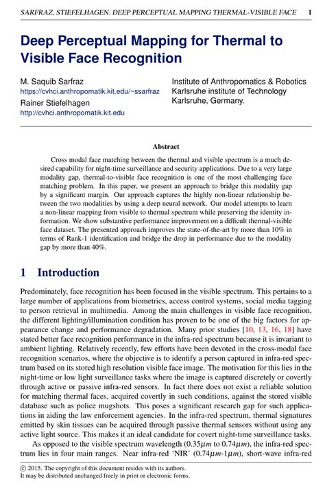 Pdf Deep Perceptual Mapping For Thermal To Visible Face Recogntion