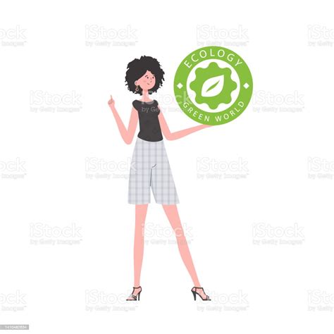 소녀는 Eco 로고를 손에 쥐고 있습니다 캐릭터는 완전한 성장으로 묘사됩니다 녹색 에너지와 생태학의 개념 흰색 배경에 고립되어 있습니다 벡터 추세 일러스트레이션 구에 대한