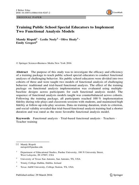 2016 Training Public School Special Educators To Implement Two Functional Analysis Models