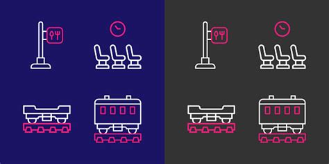 세트 라인 여객 열차 차량 화물 마차 대기실 및 카페 및 레스토랑 위치 아이콘 벡터 교육 강좌에 대한 스톡 벡터 아트 및 기타 이미지 교육 강좌 교통 교통수단