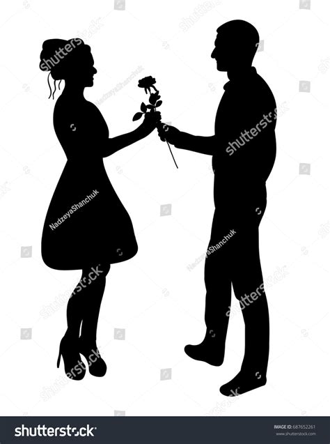 Silhouette Guy Giving Flowers Girl Stock Vector Royalty Free