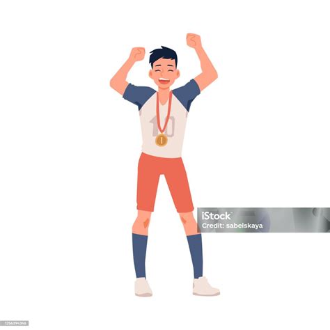 챔피언 또는 스포츠 대회 남자 플랫 벡터 일러스트 고립의 우승자 메달에 대한 스톡 벡터 아트 및 기타 이미지 메달 목 1위 Istock