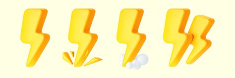흰색 배경에 스파크 연기 구름 및 이중 번개 아이콘이 있는 3d 노란색 벼락입니다 번개 전기 타격 번개 섬광의 렌더링 3d 만화 간단한 벡터 일러스트 레이 션 3차원 형태에