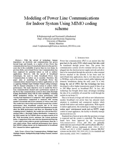 Modeling Of Power Line Communications Using Mimo Coding Scheme For