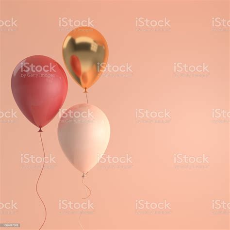 붉은 광택의 그림 베이 지 파스텔에 골드 풍선을 배경 색깔 생일 파티 프로 모션 소셜 미디어 배너 포스터를 위한 빈 공간 3d 렌더링 현실적인 풍선 개체 그룹에 대한 스톡