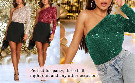 Feoya Sequin Top One Shoulder Bodysuit Sparkle Body Suits Women Glitter