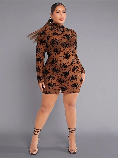 Shein Sxy Shein Sxy Plus Floral Flocking Mock Neck Mesh Bodycon Dress