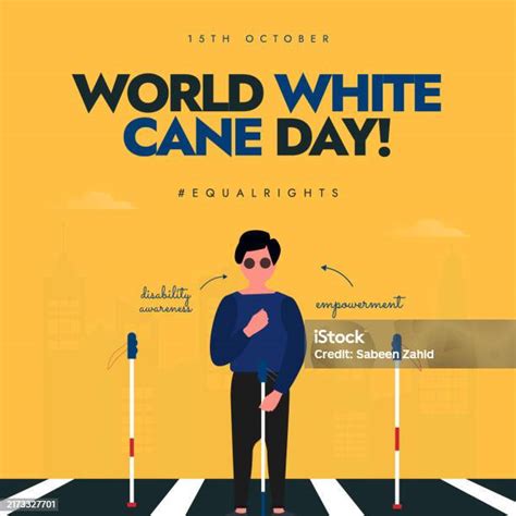 10 월 15 일 흰 지팡이의 날 축하 배너와 검은 안경을 쓴 지팡이를 들고 시각 장애인 이 날은 시각 장애인의 인식과 업적을 높이는 날입니다 세계 흰 지팡이 일 벡터