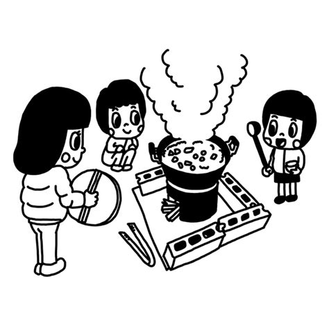 焚火でなべ料理をする子どものイラスト イラストバンク 白黒ヤギ支店