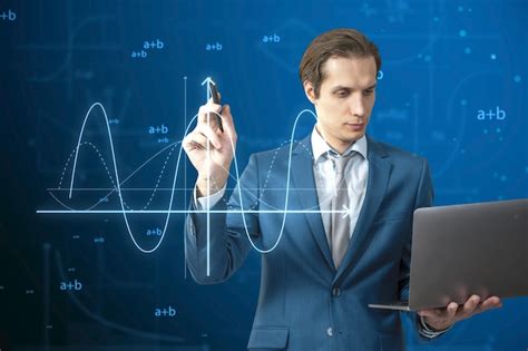 Premium Photo Attractive Young European Businessman With Laptop Using Abstract Glowing