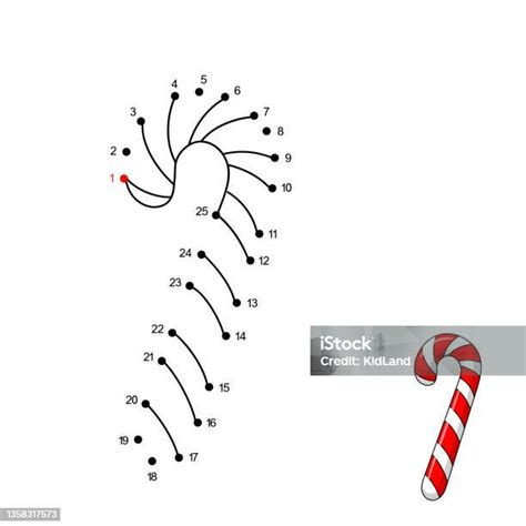 크리스마스 사탕 지팡이 도트 게임 숫자로 점을 연결하여 크리스마스 롤리팝을 그립니다 논리 게임 과 색칠 페이지 만화 달콤한 25에 계산 수를 학습 아이들을위한 교육 카드