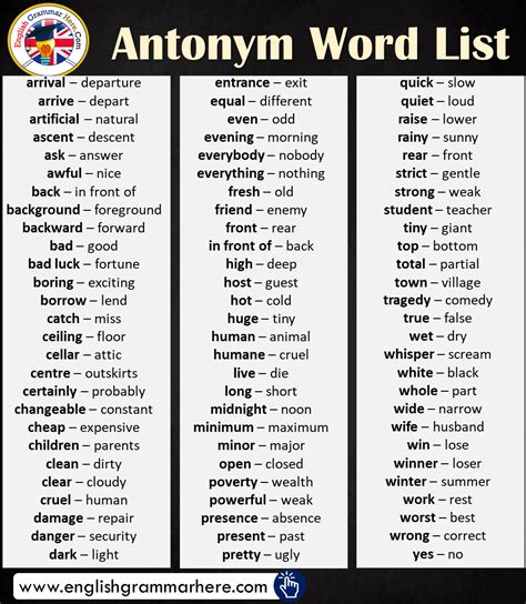 Antonym Word List In English English Grammar Here