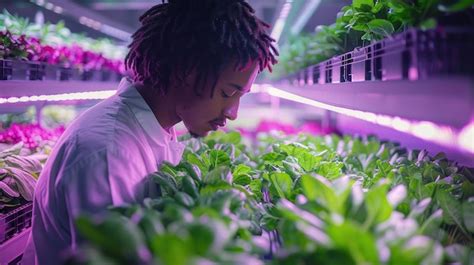 Man Inspecting Hydroponic Greens Premium AI Generated Image