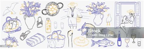 이탈리아 아말피 여름 휴가 레몬 낙서 스타일 일러스트 세트 벡터 잉크 손으로 그린 이탈리아 해안 바다 또는 해변 요소 해변 파티