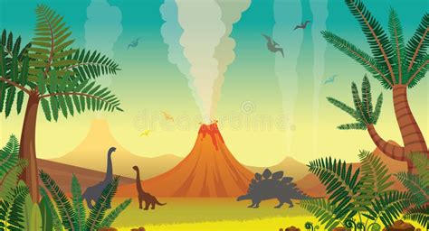 Paisaje Prehistórico Con Los Dinosaurios Las Montañas Y Las Plantas Ilustración del Vector
