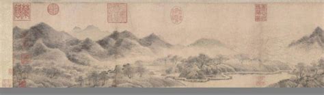 米友仁 云山墨戏图 本幅题识：“余墨戏气韵颇不凡，他日未易量也。元晖书。”又有清乾隆御题诗一首：“看山愁步山巑岏，看水爱听水潺湲。山水情