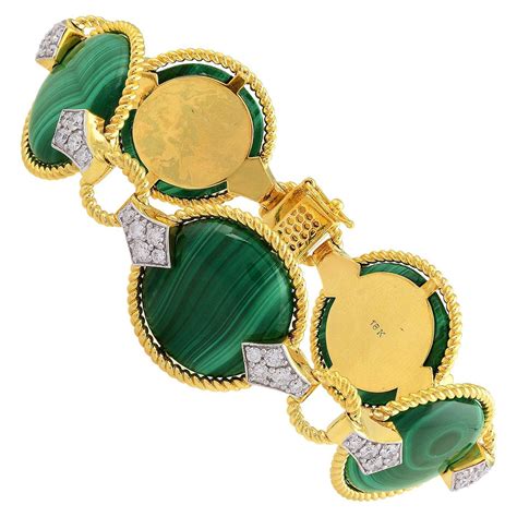 Malachite Gemstone Bracelet Diamond Pave 14 Karat Yellow Gold Handmade