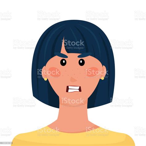 소녀 화가 아바타 분노에 젊은 여자의 고립 된 이미지 만화 캐릭터 벡터 일러스트레이션 플랫 갈색 머리에 대한 스톡 벡터 아트 및