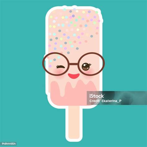 아이스크림 얼음 롤리 귀여운 선글라스 핑크 치크와 윙크 하는 눈 밝은 파란색 아쿠아 배경에 파스텔 색상 벡터 0명에 대한 스톡