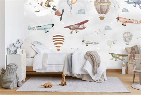 Aircraft And Hot Air Balloons Wallpaper Mural Silk Interiors Wallpaper