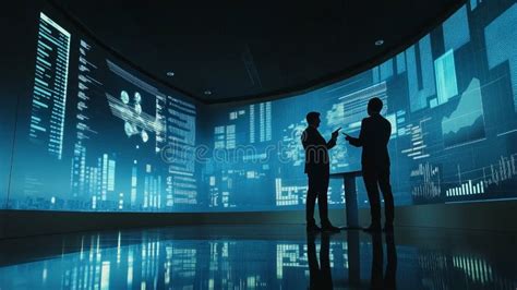 Two Men Are Standing In Front Of A Large Screen With A Lot Of Numbers