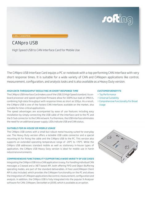 CANpro USB Data Sheet Softing Industrial Automation
