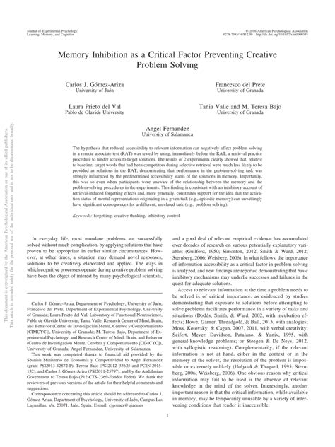 Pdf Memory Inhibition As A Critical Factor Preventing Creative Problem Solving