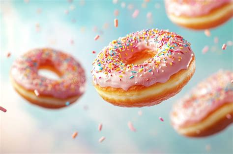 Pink Frosted Donuts With Sprinkles On Pastel Background Stock Image