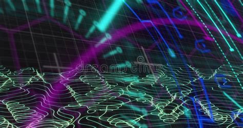 Image Of Scanner Processing On Car Interface Screen Over Contour Lines On Black Stock