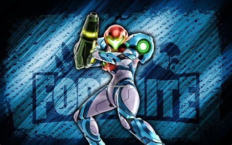 다운로드 Emmi 헌터 Samus Fortnite 4k 파란색 대각선 배경 그런지 아트 포트나이트 삽화 Emmi 헌터 사무스 스킨 포트나이트 캐릭터 Emmi