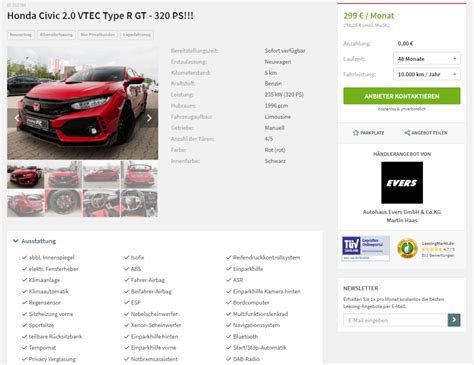 Honda Civic 2 0 VTEC Type R GT Leasing für 299 Euro im Monat brutto
