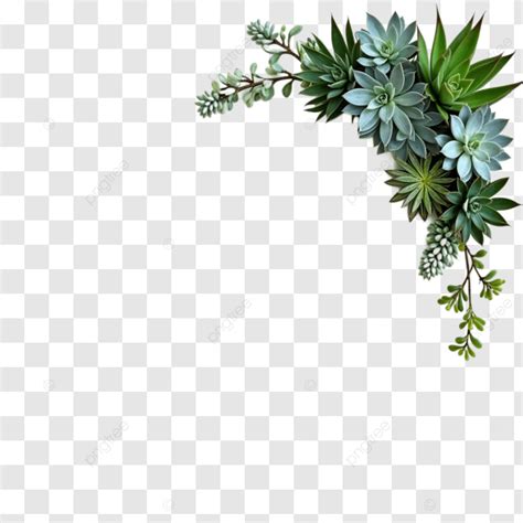 에케베리아 알로에 및 옥 식물과 같은 다육 식물을 특징으로 하는 신선하고 현대적인 꽃 코너 디자인 꽃은 녹색 파란색 회색의 시원한 톤으로 오른쪽 상단에 배열되어 깨끗하고